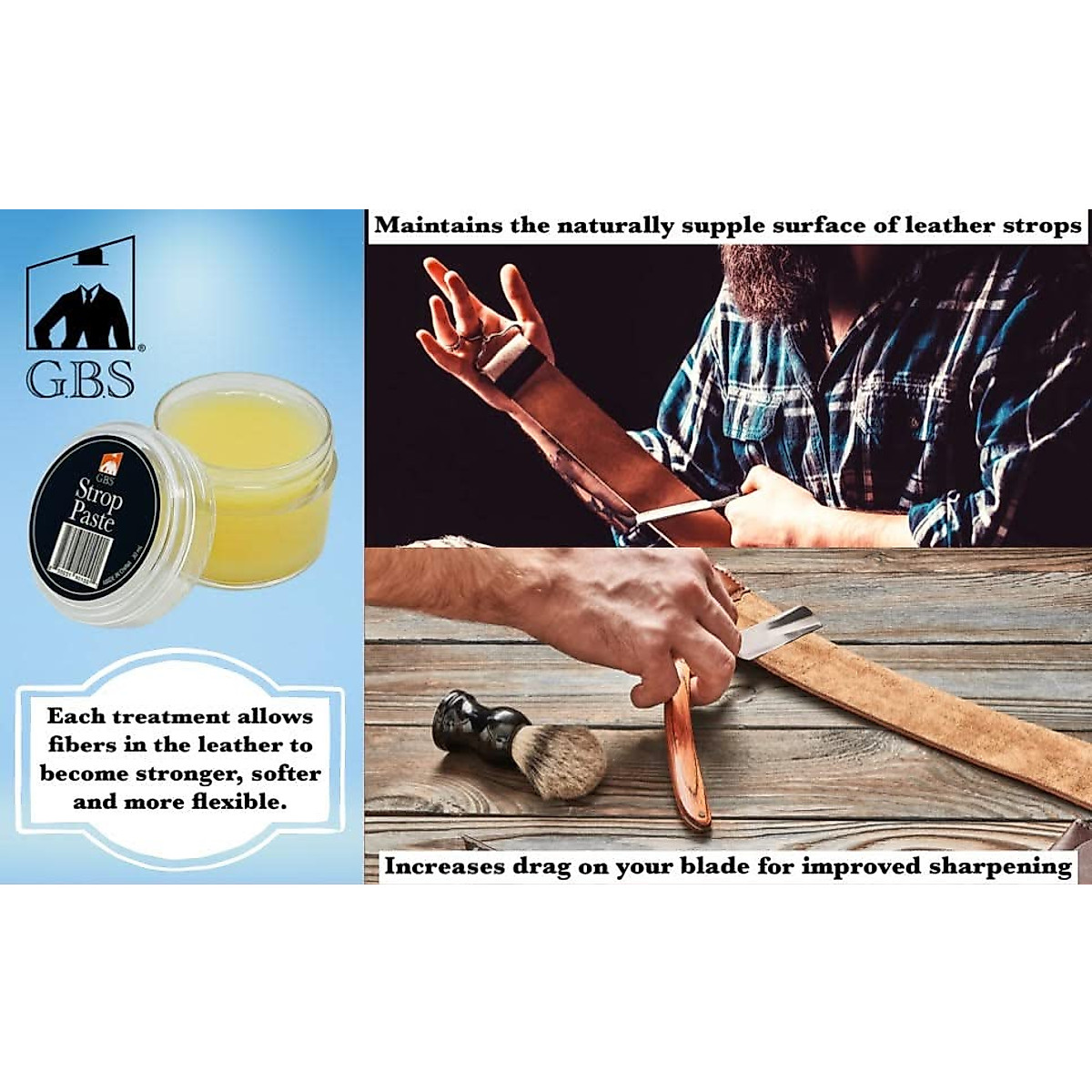 G.B.S Leather Razor Strop Handmade Grain Leather, Dual Swivel Clip and Handle And Strop Paste 2n1