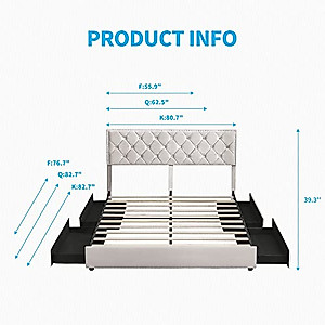 Mjkone Queen Platform Bed Frames with 4 Storage Drawers, Velvet Upholstered Bed Frame Has Adjustable Button Tufted Headboard, No Box Spring Needed/Easy Assembly/No Mattress (Beige, Queen Size)