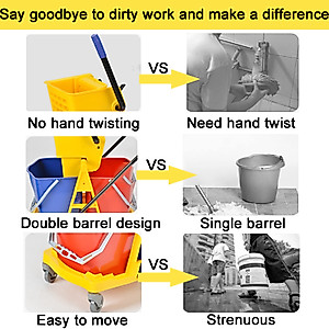 Mop Bucket, Double Bucket Cleaning Bucket, Commercial mop Bucket and Side Pressure Wring Combination with Wheels for Free Movement, 34L Large Capacity Cleaning Cart, for Home and Commercial (Yellow)