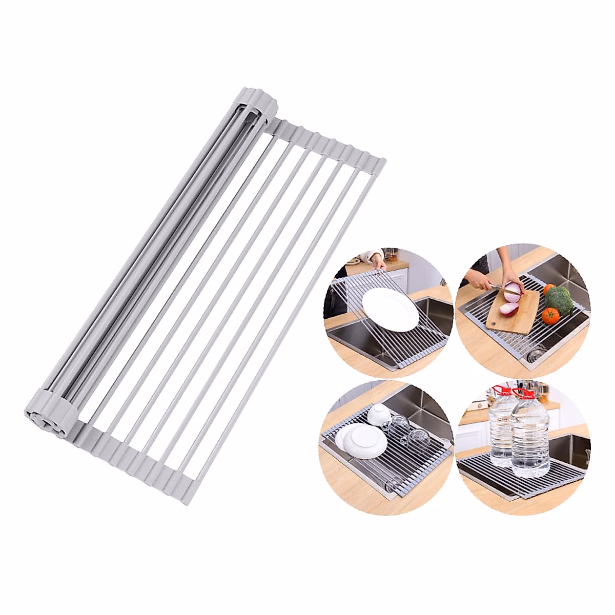 SCOLEA Roll Up Dish Drying Rack Over The Sink, Medium 17.1”x13.1” Heavy Duty, Multipurpose Roll-Up Foldable Silicone Coated Collapsible Drainer for Kitchen Sink (Warm Gray, Medium 17.1”x13.1”)