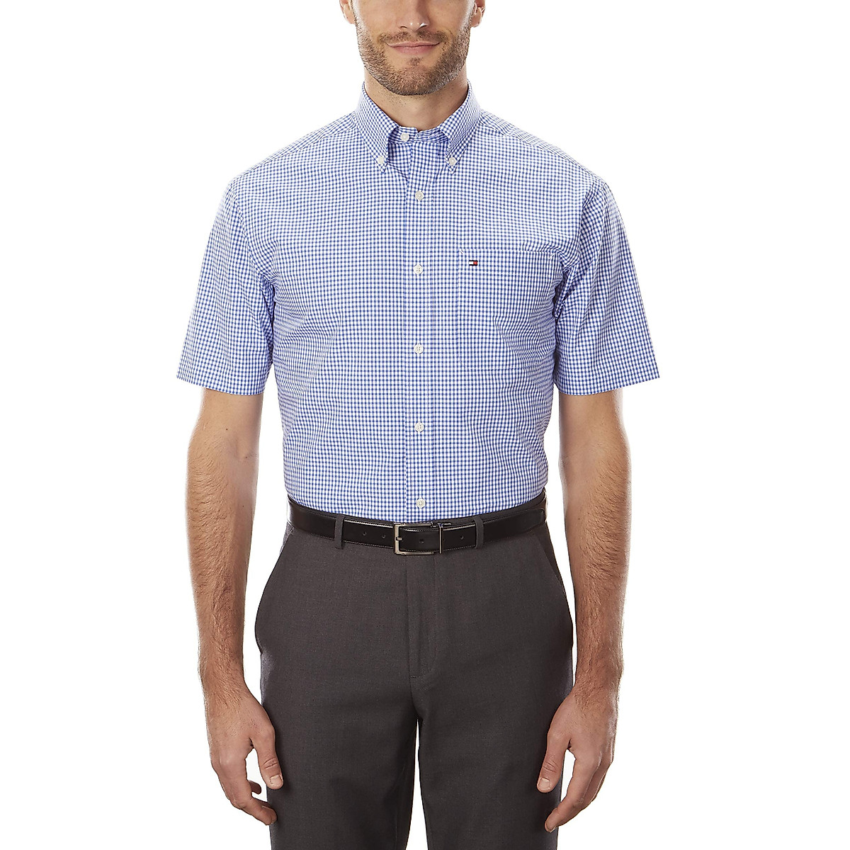 Tommy Hilfiger Men's Short Sleeve Button-Down Shirt, Royal, 16" Neck
