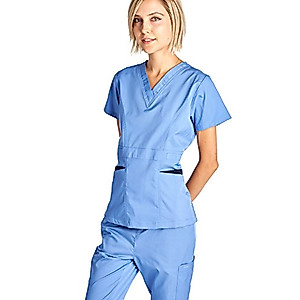 Medical Uniform Women's Scrubs Set Stretch Contrast Pocket Ceil Blue M