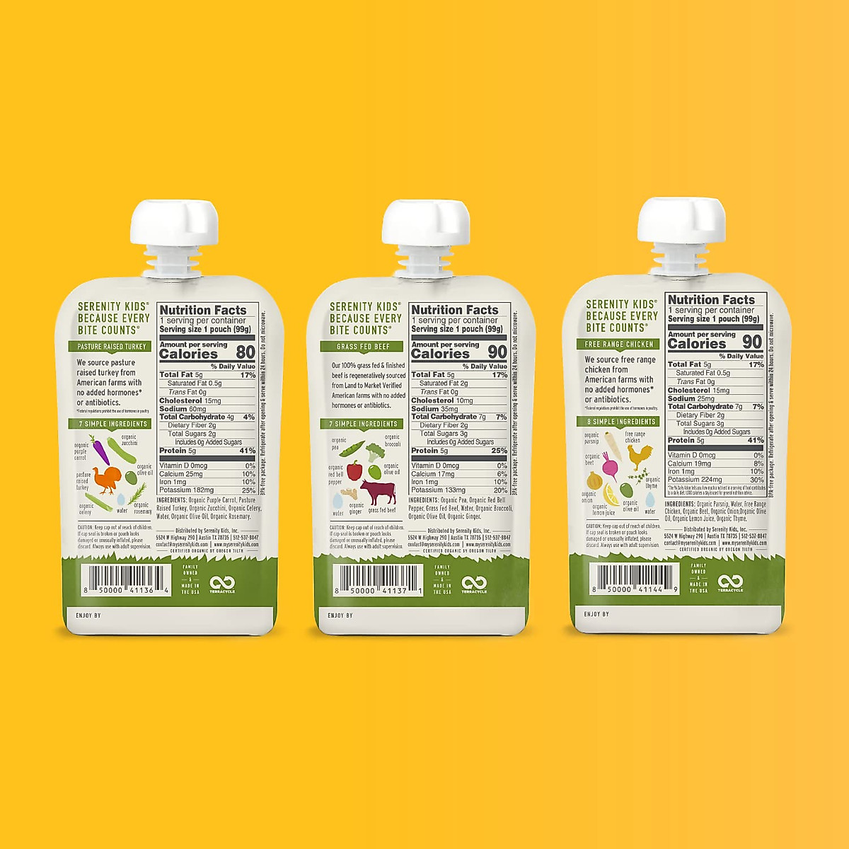 Serenity Kids 6+ Months Baby Food Pouches Puree Made With Ethically Sourced Meats & Organic Veggies | 3.5 Ounce BPA-Free Pouch | Meats + Herbs Variety Pack | 6 Count