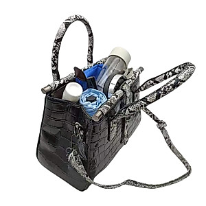 WIGUYUN Women Patent Faux Leather Satchel Handbag Crocodile Tote Purse Snakeskin Handle Shoulder Bag,Gift for Wife/Mom,Black