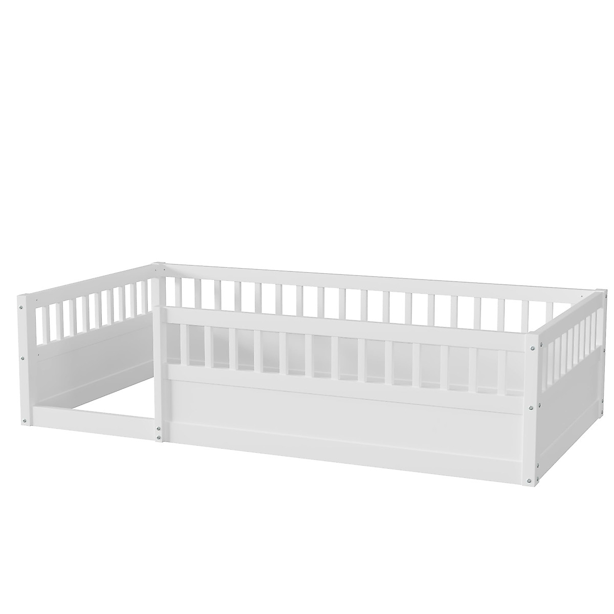 FUQIAOTEC Twin Size Kids Floor Bed Frame, Montessori Wood Floor Bed with Safety Guardrails and Slats for Bedroom Playroom, White Fence, 78" W x 41" D x 20" H