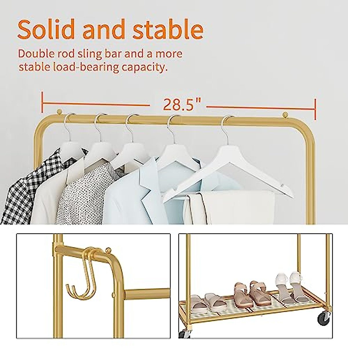 Ekisemio Double Rod Rolling Clothes Garment Rack, Heavy Duty Clothing Rolling Rack on Wheels for Hanging Clothes,with 4 Hooks, Gold