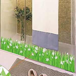 BIBITIME Green Grass White Flower Wall Border Decal Vinyl Sticker Peel and Stick Home Art PVC Murals for Living Room Kitchen Bathroom Window Door Nursery Bedroom Children Kids Room Decor