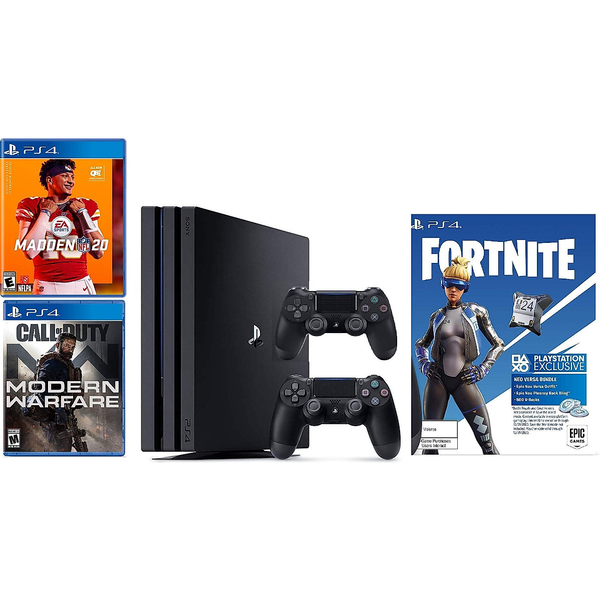 2019 Playstation 4 PS4 Pro 1TB Console + Two Dualshock-4 Wireless Controllers + (Call of Duty: Modern Warfare, Madden NFL 20, Fortnite) Bundle