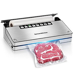 Bonsenkitchen Vacuum Sealer Machine, Stainless Steel Vacuum Food Sealer with 8-in-1 Vacuum Sealing System, 6 Food Vacuum Modes, Built-in Cutter and Bag Storage, Fully Starter Kits (Bright Silver)