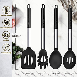 FONGLUAN Kitchen Utensils, Set of 4, Silicone Cooking Utensils Set with Stainless Steel Handle, Turner/Spatula, Spoons, Pasta Fork - Heat Resistant, Nonstick Cookware, Dishwasher Safe, Black