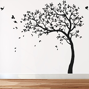 Studio Quee Large Tree Wall Decals Nursery Tree Stickers with Birds Stunning Tree Wall Art Mural Vinyl Wall Decor KW032 (Leaning Left, All in Black)