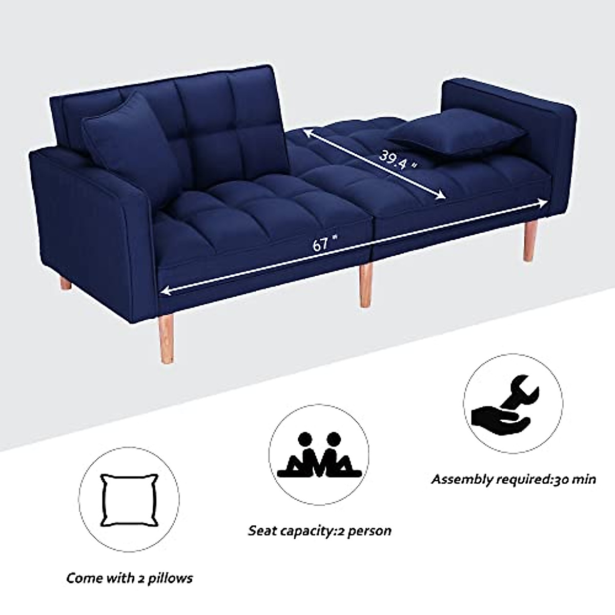Modern Futon Sofa Bed, 75" Convertible Sleeper Sofa with Armrests and Guests w/ 2 Pillows, Recliner Couch with 5 Solid Wooden Legs, Twin Size Sofa for Living Room (Navy Blue+Fabric)