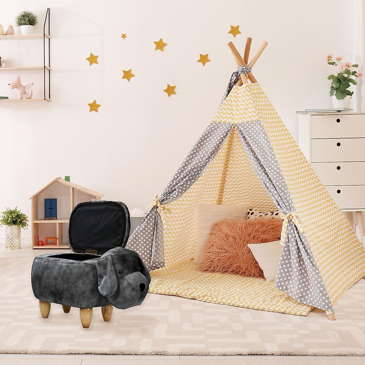 Critter Sitters 15-Inch Seat Height Dark Gray Dog Storage Ottoman, Faux-Suede Kids Ottoman for Nursery, Bedroom, Playroom, and Living Room Decor, Multifunctional Cushioned Animal Foostool for Toddlers