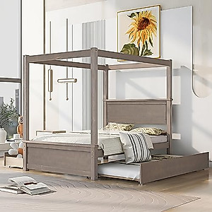 WADRI Modern Full Size Canopy Platform Bed with 2 Drawers and Trundle Bed, Wood Canopy Platform Bed with Support Slat, 4-Post Canopy Platform Bed Frame for Kids Teens Adult, No Box Spring Needed