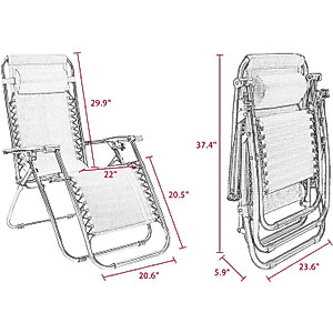 Deconi Set of 2 Adjustable Steel Mesh Zero Gravity Lounge Chair Recliners w/Pillows and Cup Holder Trays,Gray