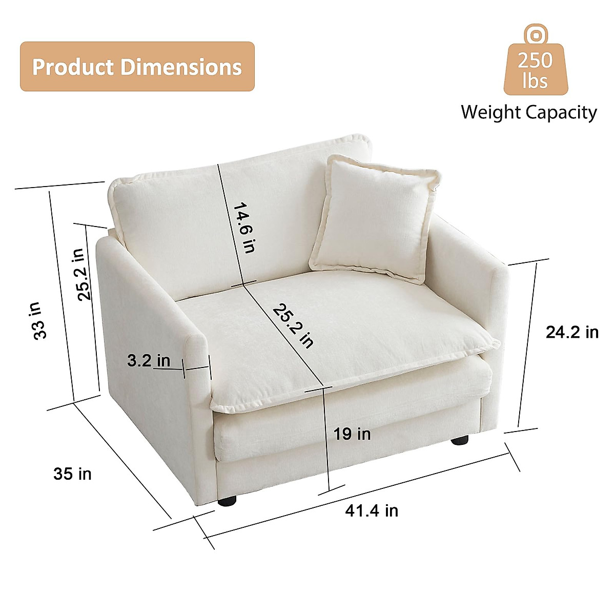 KIVENJAJA Chenille Single Sofa Chair, 41.4”W Oversized Accent Chairs, Modern Upholstered Deep Seat Comfy Armchair with Pillow for Living Room Bedroom Office Apartment, Beige