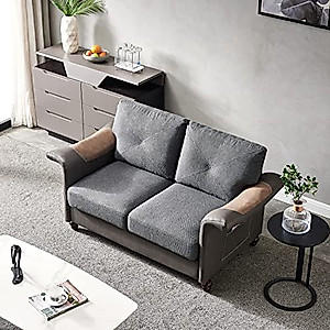 Mbolyeer Modern Upholstered Fabric Loveseat Sofa: 61.5" Mid Century 2 Seater Sofa - Linen Fabric Faux Leather Sofa Couch - Wood Legs - Small Spaces Bedroom Apartment Office Living Room,Dark Grey