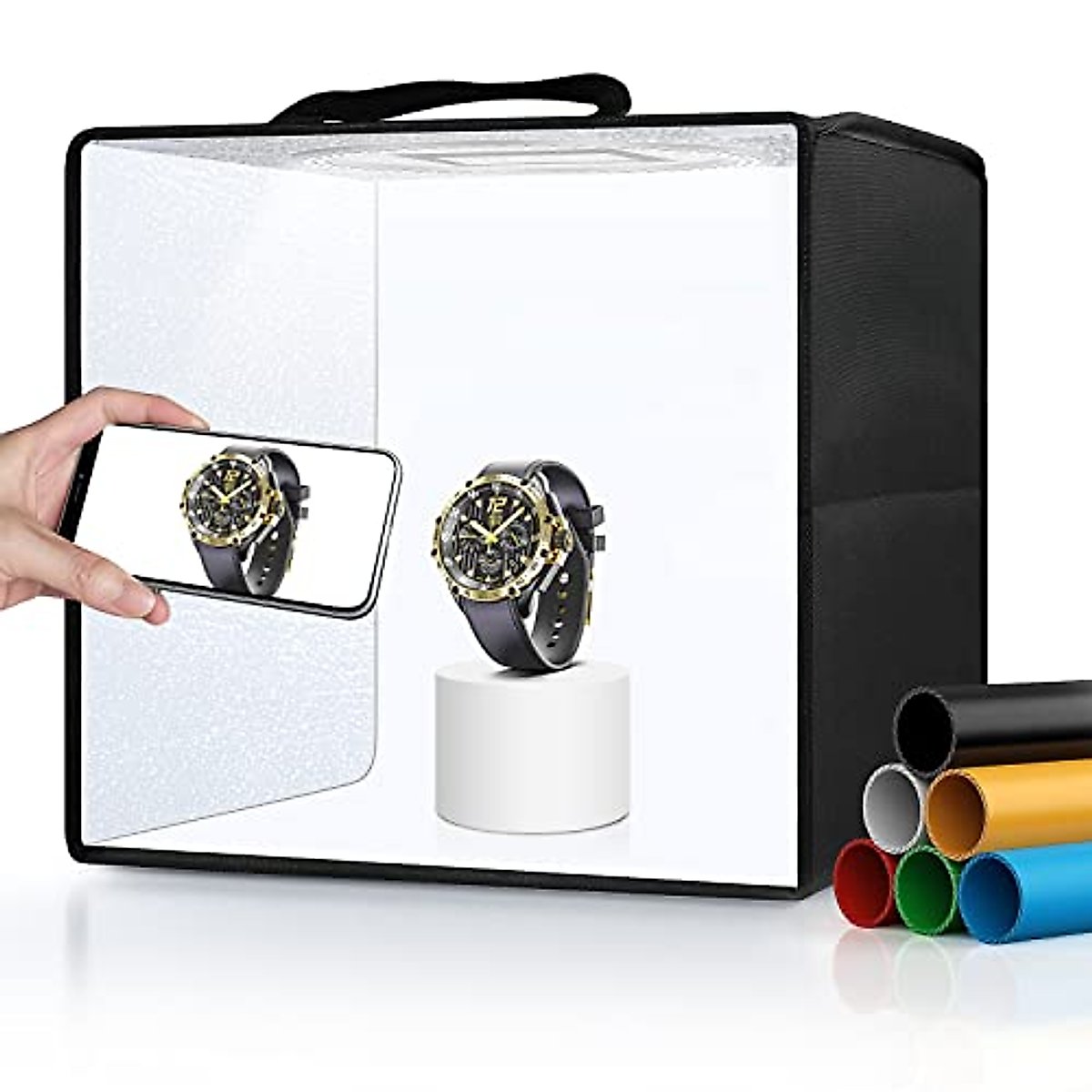 Glendan Light Box Photography, 10"x10" Photo Box with 88 High Color Rendering Index LED Lights, 6 Color PVC Backdrops, 4 Reflection Boards and 1 Diffuser for Jewelry and Small Item Product Photography