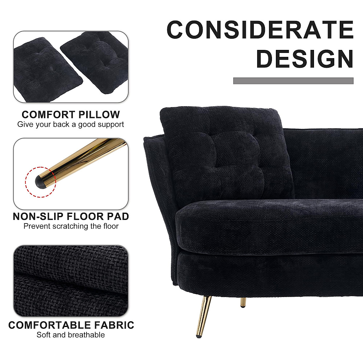 Modern Tufted Velvet Loveseat,Futon Club Two Seater Sofa,Compact Living Room Studio,Office,Dormitory,Breathable Spring Small Sofa For Entertainment Room Suitable For Living Room ＆ Bedroom (Black)