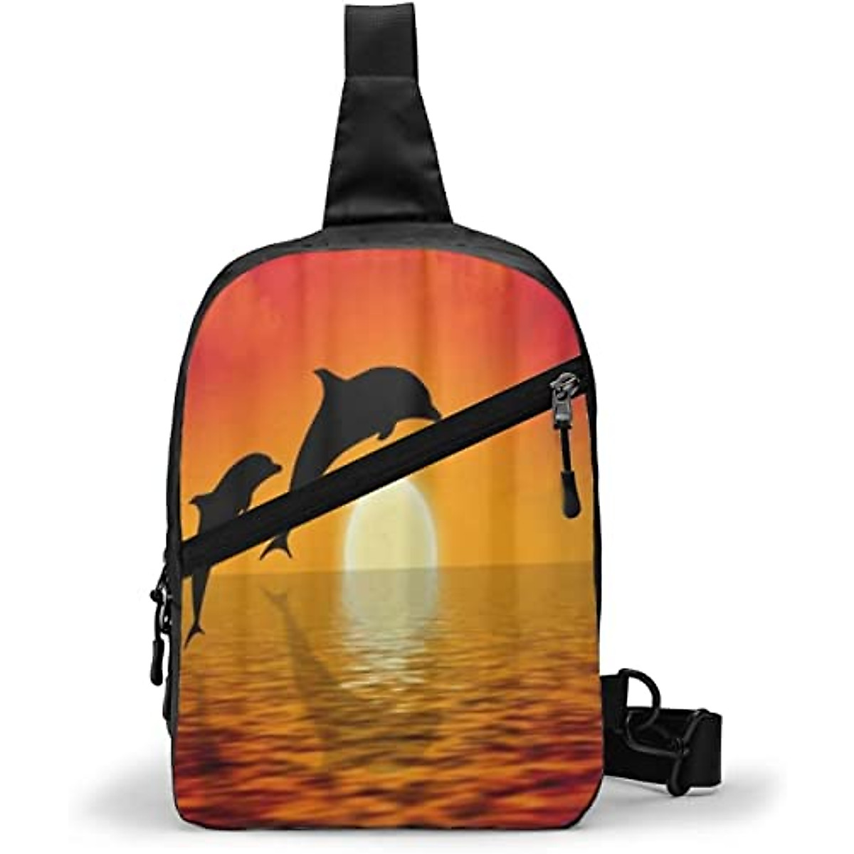 Chest Bag Dolphins Swimming in Sunset,Sling Bags Multipurpose Crossbody Shoulder Backpack Waterproof Travel Hiking