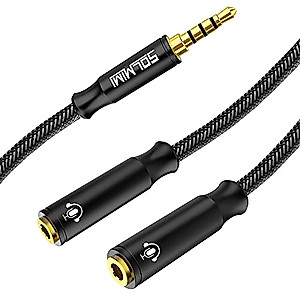 SOLMIMI Headphone Splitter 3.5mm TRRS Stereo Audio Y Splitter Braided 4-Pole Male to 2-Female Dual Headphone Jack Splitter Adapter for Headset PC Smartphone Xbox PS4 & More - Matte Black(1ft-30cm)