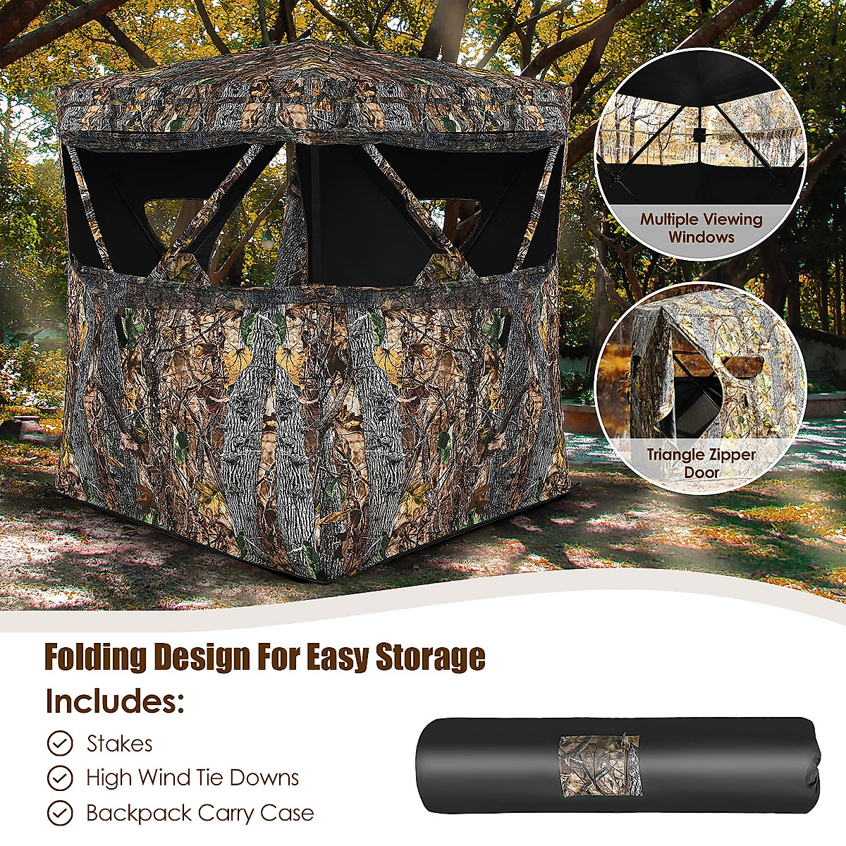 GYMAX Hunting Blind, 3 Person Pop Up See Through Silent Sliding Ground Blind with Hub System, Triangle Zipper Door & Carry Bag, Camouflage Mossy Backwoods Waterproof Deer Hunting Blind Tent