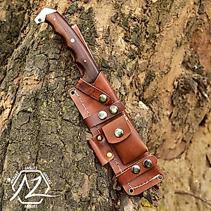 ZEASNA ZE-HK-55 Handmade Damascus Hunting Knife with Leather Sheath for Outdoor Skinning Camping Fixed Blade Bowie Knife with Sheath Razor Sharp Damascus Steel Knives for Men