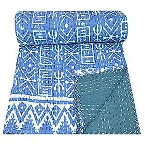 Maviss Homes Indian Traditional Handmade Patchwork Cotton Super Soft Kantha Quilt Blanket | Throw Bedspread Blanket | Bedroom Décor Throw Quilt |Home Décor Blue