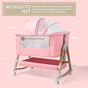 HARPPA Cuddly 3 in 1 Baby Bassinet Bedside Sleeper(Mosquito Net Included), Five-Position Adjustable Bedside Crib with Storage for Newborns, Portable Bassinet with Anchor Strap (Wood Grain, Pink)