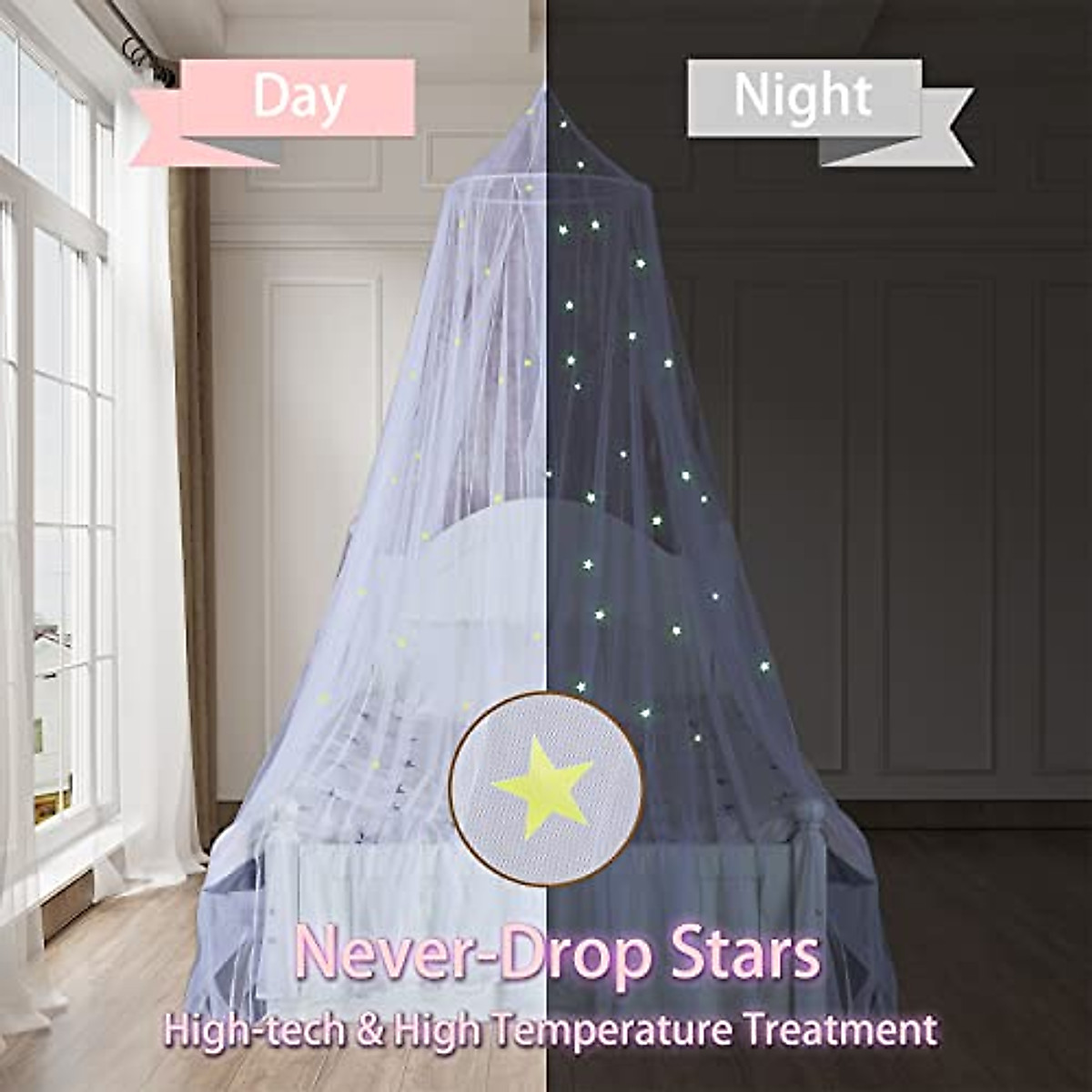 Bed Canopy for Girls with Glowing Stars in The Dark, White Princess Bed Curtain for Baby Crib, Kids Bed &amp; Toddler Bed, Twin, Full &amp; Queen Bed, Mosquito Net Canopy for Girl Room, Fire Retardant Fabric