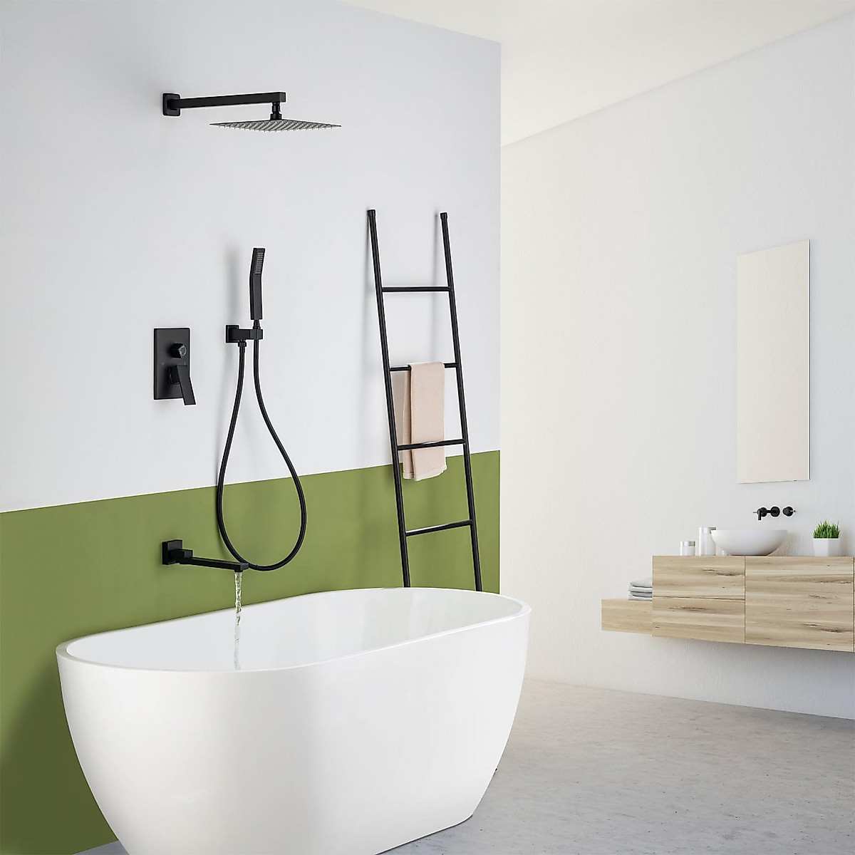 DoBrass Black Shower System with Tub Spout, Waterfall Shower Faucet Set Complete with Pre-embedded Valve, HandHeld Shower and 12-inch Shower Head, Wall Mounted