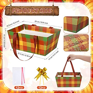 Qinyoung 12 Pcs Fall Basket for Gifts Empty 9.8 x 6.5'' Autumn Plaid Gift Basket Empty to Fill with Handles, Bows, Plastic Bags and Twist Ties for Autumn Thanksgiving Party Favor Supplies