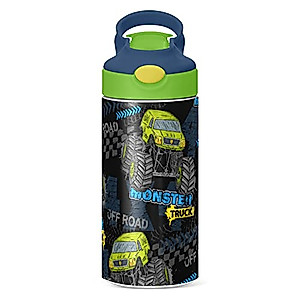 Monster Truck Car Kids BPA Free Water Bottle 14 oz Insulated Stainless Steel Toddler Flask with Leak Proof Lid Double Walled Kids Water Cup for Kids - Green