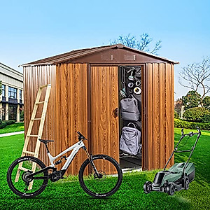6.36 x 5.7ft Outdoor Metal Storage Shed with Floor Frame, Sliding Doors, Sun Protection, Waterproof Tool Storage Shed for Garden, Patio, Lawn,Backyard  (Brown & Wood Grain-No Window)