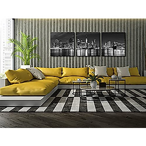 Pyradecor New York City Skyline Night Modern 3 Panel Stretched and Framed Black and White Cityscape Giclee Canvas Prints Pictures Paintings on Wall Art for Living Room Bedroom Home Decorations