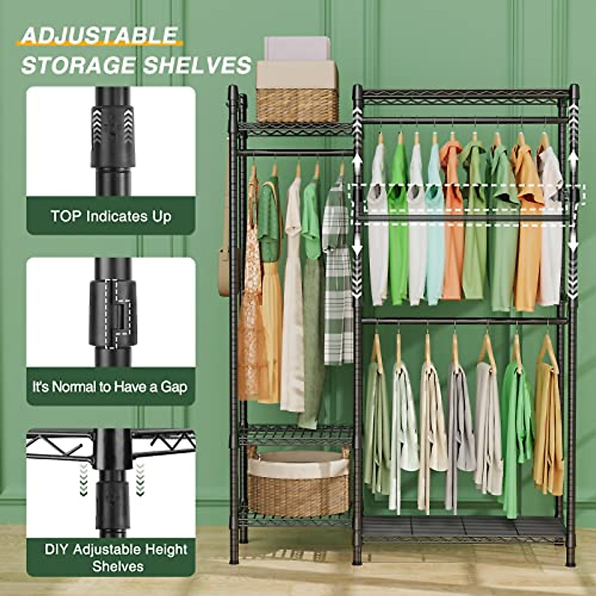 LEHOM G3 Garment Closet Rack Heavy Duty Freestanding Portable Wire Clothing Rack with Shelves, Adjustable, DIY Hanging Wardrobe Clothes Racks for Bedroom