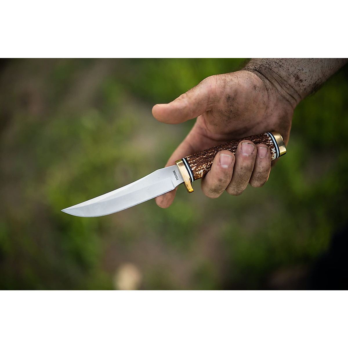 Uncle Henry 153UH Next Gen Golden Spike Knife with 5in High Carbon S.S. Fixed Blade, Staglon Handle, Sharpening Stone, and Leather Belt Sheath for EDC, Hunting, Survival, Camping, and Outdoors