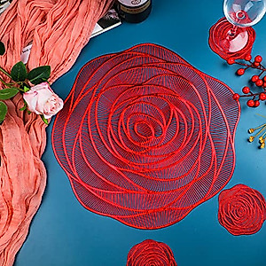 Snowkingdom Red Placemats and Coasters Set of 6 Pressed Metallic Vinyl 15 inch Rose Round Place Mats Dining Table Mats Dinning Table Centerpiece