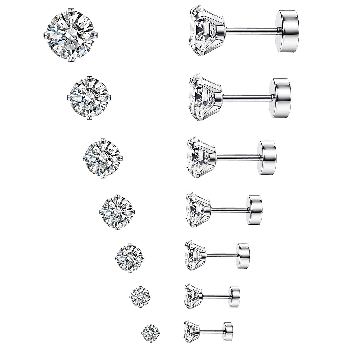 MJust 7 Pairs 20G Stainless Steel Stud Earrings Tiny Stud Earrings Barbell Earring Flatback Cartilage Earrings Set For Women Men 2MM-8MM (Silver)
