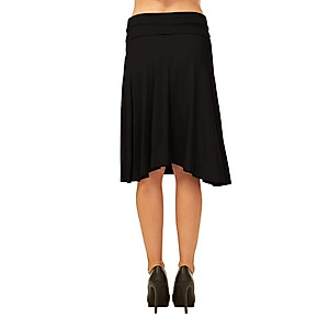 SADACO Womens Basic Solid Stretch Fold-Over Flare Midi Skirt - Made in USA (Large, Black)