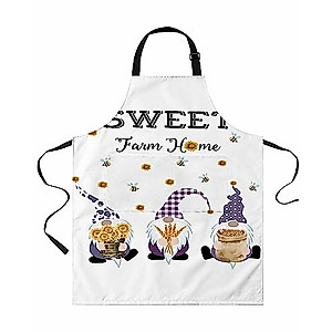 LAMANDA Kitchen Aprons for Women,Gnome Sunflower Bumblebee Buffalo Check Cooking Apron with Pockets Server Aprons Chef Apron for Men