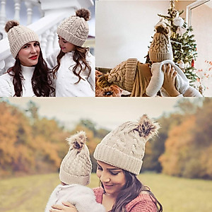 2PCS Parent-Child Hat,Mother & Daughter/Son Winter Warm Knit Hat Family Crochet Beanie Ski Cap(Ivory)