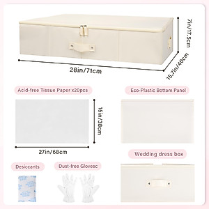 Wedding Dress Storage Box - Wedding Dress Preservation Box with 1 Pair Microfiber Gloves and 20 Sheets of Acid Free Tissue Paper, Bridal Essentials, Heirloom Breathable Wedding Keepsake Box (Beige)
