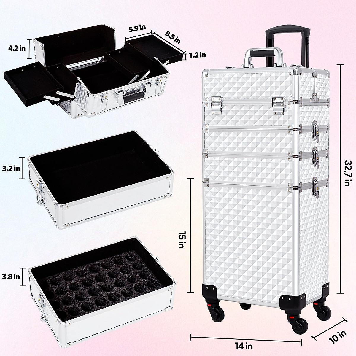 AROUS Rolling Makeup Train Case Large Storage Cosmetic Trolley 4 in 1 Large Capacity Trolley Makeup Travel Case with Key Swivel Wheels Salon Barber Case Traveling Cart Trunk, Silver