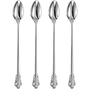 KEAWELL Luxurious 9 Inch Long Iced Tea Spoon Set - 4 Pieces - Gorgeous Design with Exceptional Mirror Polished Finish - 18/10 Stainless Steel- Perfect for Tall Glasses, Cocktails (Silver)