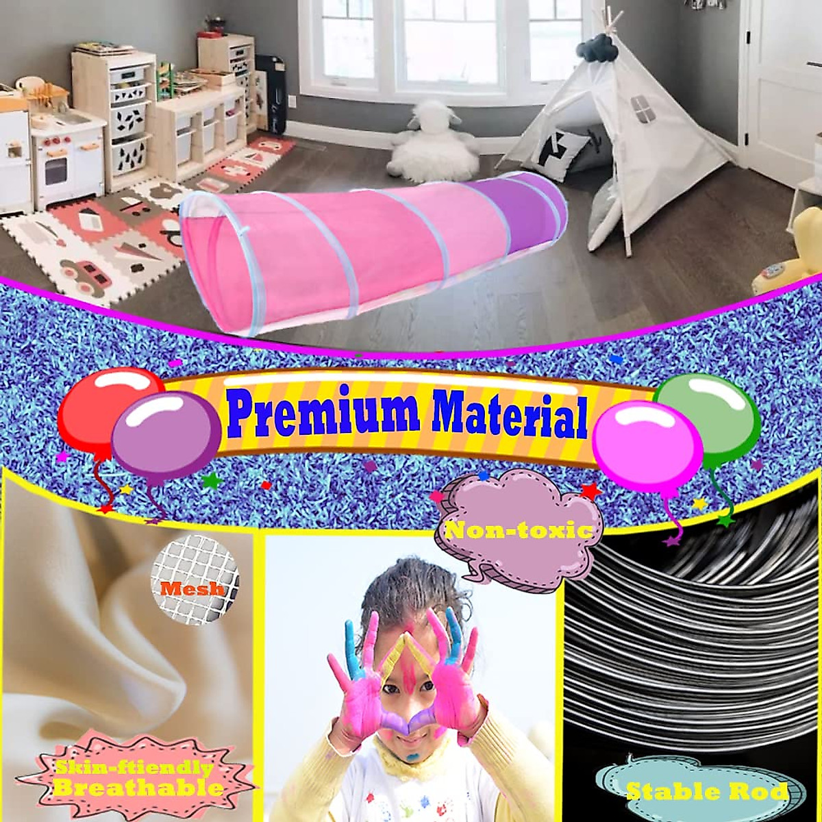 Andy Yeatese Kids Play Tunnel for Toddlers, Crawling Tunnel for Girls, Boys, Cat or Dogs, Indoor and Outdoor Babies Pop Up Toys Tent, 5-ft (Purple/Pink red)