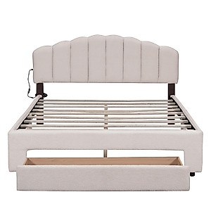 Favfurish Teddy Fleece Queen Size Upholstered Platform Bed,with Storage Drawer,Wooden Bedframe w/LED Lights and USB Ports,No Box Spring Needed, for Bedroom,Guest Room, Beige