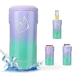 BUZIO 4-IN-1 Insulated Can Cooler for 12oz Skinny Cans, Regular Cans & Beer Bottles, Keep Cold for 6 Hours, Sweat Free Double Walled Stainless Steel Vacuum Beverage Can Insulator, Glitter Mermaid