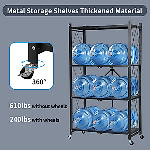 JOYBOS 4-Shelf Foldable Storage Shelves with Wheels, Heavy Duty Metal Shelving, No Assembly Organizer Wire Shelf Rack for Garage Kitchen, Basement, Pantry, Holds up to 1000 pounds…