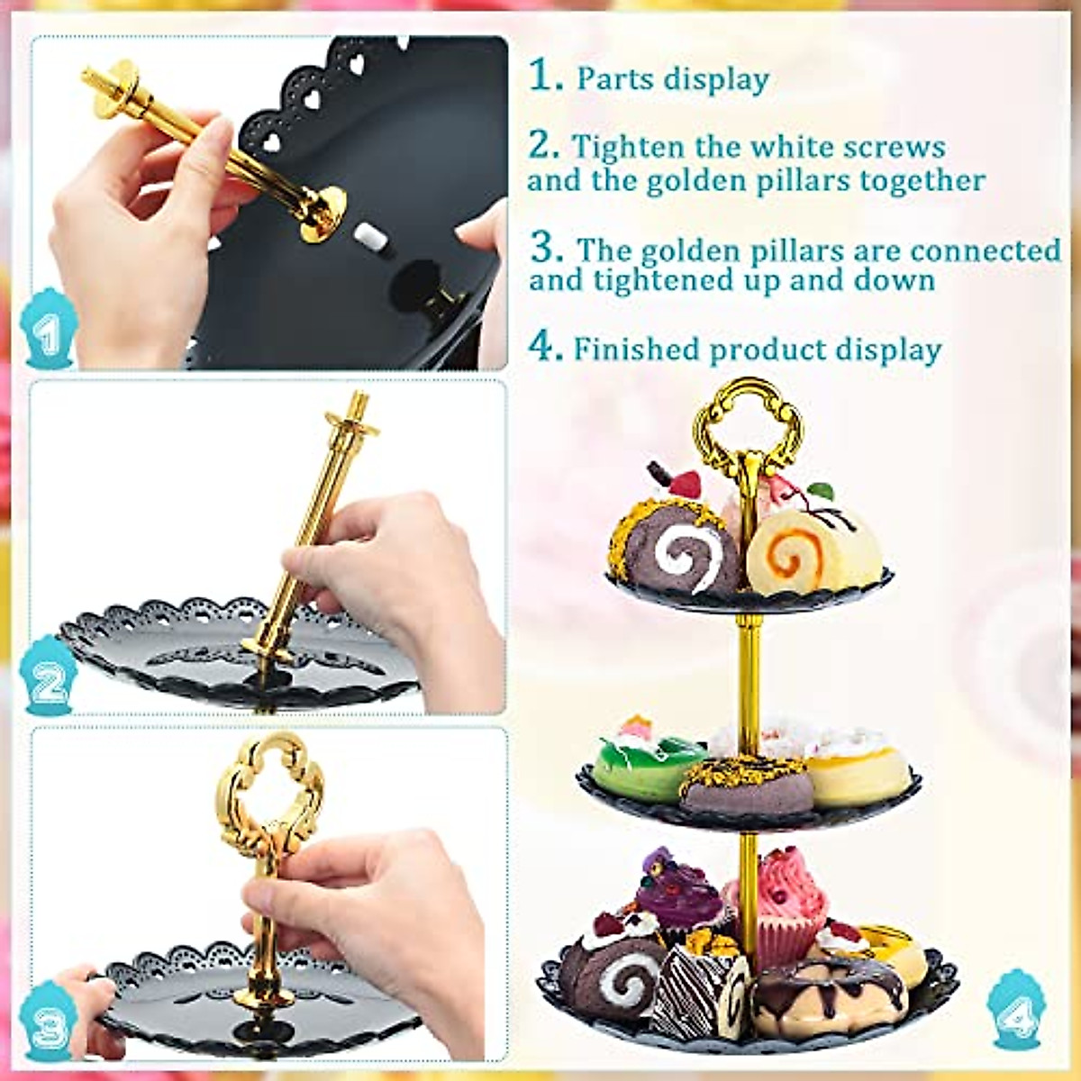 4 Sets 3 Tier Plastic Cupcake Stand Dessert Plates Mini Cake Fruit Candy Display Tower Reusable Tiered Snack Serving Tray Black Gold for Wedding Tea Party Decor